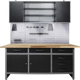 Werkstatt-Set ONDIS24 "Karsten", schwarz (anthrazit, grau, schwarz), B:160cm H:205cm T:60cm, Metall, Werkb&auml;nke, 160 cm, mit LED Touch-Lampen, inkl. Hakenset