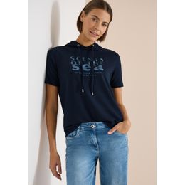 Kapuzenshirt Cecil, Damen, Gr. M (40), universal blau, Web, 48% Baumwolle, 48% Modal, 4% Elasthan, bedruckt, comfort fit normal, ohne Ausschnitt, abgesteppt, Shirts Kapuzenshirt, mit Kapuze mit Tunnelzugband