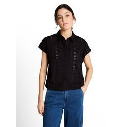 Hemdbluse Tom Tailor Denim, Damen, Gr. L, deep schwarz, Web, Obermaterial: 100% Baumwolle, unifarben, normal h&uuml;ftbedeckend, Rundhals, Blusen Hemdbluse, Sommerbluse mit H&auml;kel-Details