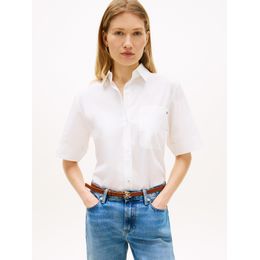 Kurzarmbluse Tommy Hilfiger "ESSENTIAL POPLIN SHORT SLEEVE SHIRTS", Damen, Gr. L (42/44), th optic wei&szlig;, Popeline, Obermaterial: 100% Baumwolle, unifarben, l&auml;ssig geschnitten normal, Rundhals, angesetztes B&uuml;ndchen, Blusen, mit Hemdkragen, Flag Stickerei auf der Brust