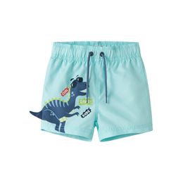 Badeshorts name it "NMMZAKAN SWIM SHORTS", Jungen, Gr. 98, N-Gr, blau (limpet shell), Web, Obermaterial: 100% Polyester, bedruckt, unifarben, Badehosen Badeshorts, mit s&uuml;&szlig;em Fischmotiv