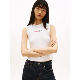 T-Shirt Tommy Jeans "TJW SLIM ESS LOGO 2 RIB TANK", Damen, Gr. L (40), ecru, Single Jersey, Obermaterial: 95% Baumwolle, 5% Elasthan, unifarben, slim fit h&uuml;ftlang, Rundhals, Shirts T-Shirt, mit gerippter Struktur