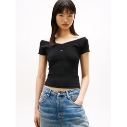 Kurzarmshirt Tommy Jeans "TJW SLIM OFF SHOULDER RIB SS TOP", Damen, Gr. L (40), schwarz, Single Jersey, Obermaterial: 94% Baumwolle, 6% Elasthan, unifarben, slim fit taillenbedeckt, Carmenausschnitt, abgesteppte Kante, Shirts, mit gerippter Struktur, schulterfrei