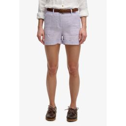 Shorts Superdry "MID RISE LINEN SHORT", Damen, Gr. 30, N-Gr, lila chambray, Web, Obermaterial: 100% Leinen, gestreift, regular fit ca. Mitte Oberschenkel, Hosen Shorts, aus 100% Leinen
