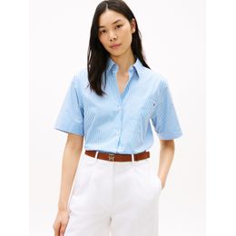 Kurzarmbluse Tommy Hilfiger "ESSENTIAL POPLIN SHORT SLEEVE SHIRTS", Damen, Gr. S (36/38), classic ithaca stp mesmerizing blau, Popeline, Obermaterial: 100% Baumwolle, gestreift, l&auml;ssig geschnitten normal, Rundhals, angesetztes B&uuml;ndchen, Blusen, mit Hemdkragen, Flag Stickerei auf der Brust