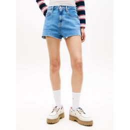 Jeansshorts Tommy Jeans "HOT PANT BJ4138", Damen, Gr. 31, N-Gr, denim medium, Denim/Jeans, Obermaterial: 99% Baumwolle, 1% Elasthan, regular fit kurz, Jeans Jeansshorts, mit hohem Bund, authentische Stone-Waschung