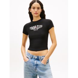 Kurzarmshirt Tommy Jeans "TJW SLIM SHORT WAVY FLAG SS TEE", Damen, Gr. XL (42), schwarz, Feinripp, Obermaterial: 95% Baumwolle, 5% Elasthan, bedruckt, unifarben, slim fit taillenbedeckt, Rundhals, Shirts, mit Logoprint