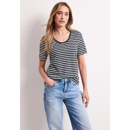 T-Shirt Street One, Damen, Gr. 42, shadowed navy, Web, 50% Baumwolle, 50% Modal, gestreift, unifarben, normal normal, V-Ausschnitt, abgesteppt, Shirts T-Shirt, mit abgerundetem V-Ausschnitt