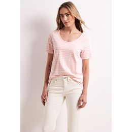 T-Shirt Street One, Damen, Gr. 42, minimal rose, Web, 50% Baumwolle, 50% Modal, gestreift, unifarben, normal normal, V-Ausschnitt, abgesteppt, Shirts T-Shirt, mit abgerundetem V-Ausschnitt