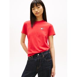 Kurzarmshirt Tommy Jeans "TJW REG WAVY FLAG SS TEE EXT", Damen, Gr. L (40), rot alert, Single Jersey, Obermaterial: 100% Baumwolle, unifarben, regular fit normal, Rundhals, abgesteppte Kante, Shirts, Tommy Flag-Badge auf Brust, Jersey aus reiner Baumwolle