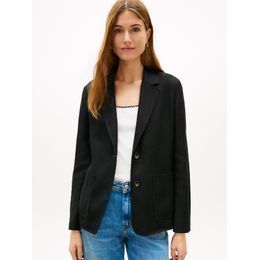 Kurzblazer Tommy Hilfiger "NEW ESS LINEN REG SB BLAZER", Damen, Gr. 42, schwarz, Web, Obermaterial: 76% Leinen, 24% Lyocell, unifarben, gerade normal, Blazer Kurzblazer, mit aufgesetzten Taschen