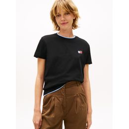 Kurzarmshirt Tommy Jeans "TJW REG WAVY FLAG SS TEE EXT", Damen, Gr. L (40), schwarz, Single Jersey, Obermaterial: 100% Baumwolle, unifarben, regular fit normal, Rundhals, abgesteppte Kante, Shirts, Tommy Flag-Badge auf Brust, Jersey aus reiner Baumwolle