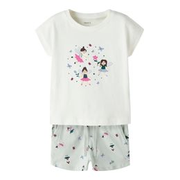 Shorty name it "NMFVIGEA CAPSL TOP SET", M&auml;dchen, Gr. 104, cloud dancer print, Jersey, Obermaterial: 100% Baumwolle, bedruckt, normal kurz, Rundhals, angeschnitten, Homewear-Sets Shorty, bestehend aus Shirt und Shorts