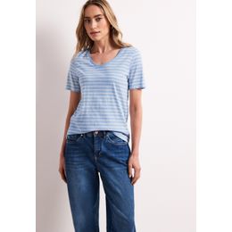 T-Shirt Street One, Damen, Gr. 42, calm blau, Web, 50% Baumwolle, 50% Modal, gestreift, unifarben, normal normal, V-Ausschnitt, abgesteppt, Shirts T-Shirt, mit abgerundetem V-Ausschnitt