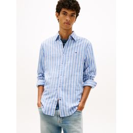 Langarmhemd Tommy Jeans "REGULAR LINEN MIX STRIPES", Herren, Gr. M, N-Gr, blau twilight stripes, Web, Obermaterial: 55% Leinen, 45% Baumwolle, gestreift, regular fit normal, Rundhals, eingesetzt Manschette, Hemden, Regular fit mit Streifenmuster