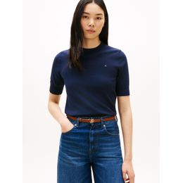 Kurzarmpullover Tommy Hilfiger "CO JERSEY FINE GG C-NK SS SWT", Damen, Gr. XS (34), schwarz night navy, Feinstrick, Obermaterial: 67% Baumwolle, 33% Polyamid, unifarben, regular fit normal, Rundhals, eingesetzt gerader Abschluss, Pullover, Baumwollmischung, Regular Fit