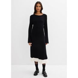bonprix Strickkleid aus Viskose-Mix mit Kontrastdetails, schwarz, Gr.44/46 (L), Maxikleid mit kontrastierendem Saum und Seitennahtstreifen mit ausgestellten &Auml;rmeln und Rock, aus Viskose