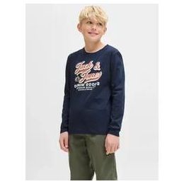 Jack & Jones Langarmshirt JACK & JONES JUNIOR "JJELOGO TEE LS O-NEC 2 COL AW25 NOOS JNR", Jungen, Gr. 140, blau (sky captain), Single Jersey, Obermaterial: 100% Baumwolle, bedruckt, regular fit normal, Rundhals, Shirts Langarmshirt
