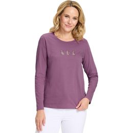 Damen Rundhalsshirt mit Katzen-Motiv violett-mauve, Gr&ouml;&szlig;e 56