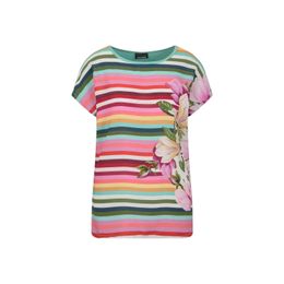 Schlupfbluse GOLDNER "Kurzgr&ouml;&szlig;e Streifenshirt mit floralen Akzenten", Damen, Gr. 24, bunt (bunt, geringelt), Obermaterial: 100% Viskose CV., figurumspielend, Blusen Schlupfbluse, R&uuml;ckteil aus stretchbequemen Viskosejersey
