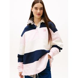 Sweatshirt Tommy Jeans "TJW BADGE STRIPE RUGBY, Oversized Fit Rugby-Shirt", Damen, Gr. L (40), light pink, stripe, Sweatware, Obermaterial: 100% Baumwolle, gestreift, regular fit h&uuml;ftbedeckend, Rundhals, Rippb&uuml;ndchen, Sweatshirts Sweatshirt, Rugby-Streifen, farblich abgestimmter Tommy-Badge auf Brust