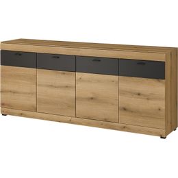 Sideboard Home Affaire "Soleto, moderner Schrank, Kommode, 200 cm breit", eiche evoke, B:200cm H:87cm T:42cm, FSC-zertifizierter Holzwerkstoff, Sideboards, Sideboard, zeitlos, schwarze Griffe aus Metall, ausreichend Stauraum