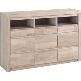 Kommode OTTO HOME "Silkeborg", braun (eiche wei&szlig; gekalkt teilmassiv), Holzwerkstoff eichefarben wei&szlig; gekalkt (Korpsu) / Massivholz Eiche wei&szlig; gekalkt (Front), Holz teilmassiv, Sideboards, Kommode, B/T/H 130/35/85 cm. 3 offene und 6 geschlossene F&auml;cher