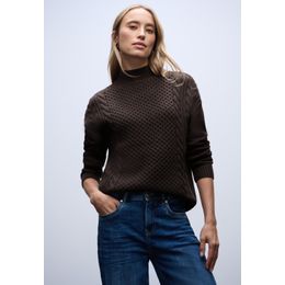 Stehkragenpullover Street One, Damen, Gr. 38, deep roast braun, Strick, Obermaterial: 34% Baumwolle, 34% Polyacryl, 29% Polyester, 3% Elasthan, regular fit normal, ohne Ausschnitt, Rippb&uuml;ndchen, Pullover Stehkragenpullover, mit Strickmuster