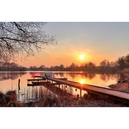 Fototapete papermoon "HOLZ-BR&Uuml;CKE-PIER STEG SEE STRAND WALD SONNENUNTERGANG", bunt, B:3m L:2,23m, Vlies, Tapeten