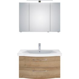 Badm&ouml;bel-Set SAPHIR "6005 Sprint 2-teilig, Keramik-Waschtisch mit LED-Spiegelschrank", braun (riviera eiche quer nachbildung), B:98cm H:200cm T:51,5cm, Holzwerkstoff, Kastenm&ouml;bel-Sets, Badm&ouml;bel-Set, Waschplatz 98 cm breit, inkl. T&uuml;rd&auml;mpfer, 3 T&uuml;ren, 2 Schubladen