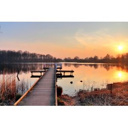 Fototapete papermoon "HOLZ-BR&Uuml;CKE-PIER STEG SEE STRAND WALD SONNENUNTERGANG", bunt, B:3m L:2,23m, Vlies, Tapeten