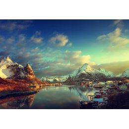 Fototapete papermoon "LOFOTEN-INSELN-SEE GEBIRGE BERGE ALPEN SONNE DORF MEER", bunt, B:4m L:2,6m, Vlies, Tapeten