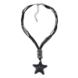 Kette mit Anh&auml;nger Steuer "Metall Stern Textilband", schwarz, Halsketten, Damen, 43,0cm, Metall, L: 43, gl&auml;nzend