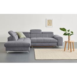 Ecksofa COTTA "Chef L-Form", stone, B:257cm H:72cm T:206cm, Luxus-Microfaser (100% Polyester);Kunstleder Softlux;Leder Advantage (abgedecktes Spalt-Rindsleder), R&uuml;ckseite mit schwarzem Spannstoff bezogen;NaturLEDER (echtes Rindsleder), R&uuml;ckseite mit schwarzem Spannstoff bezogen, Sofas, Ecksofa, mit Kopfteilverstellung, edle Metallkufen, wahlweise mit Bettfunktion