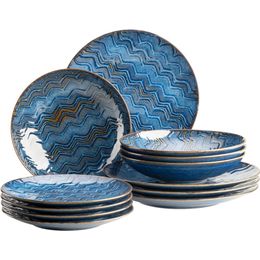 M&auml;ser Tafelservice M&Auml;SER "AQUAMARINE, Geschirr-Set, Steinzeug", blau, zickzack, dekor, 12 Stk., Steinzeug, Geschirr-Sets, Tafelservice, Teller Set