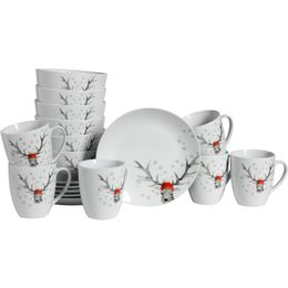 Fr&uuml;hst&uuml;cks-Geschirrset Creatable "Hirsch, Fr&uuml;hst&uuml;cksset 18-tlg", wei&szlig;, 18 Stk., Porzellan, Geschirr-Sets, Winterdekor, Hirschmotiv