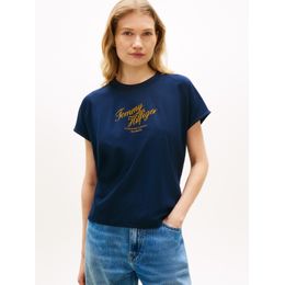 Kurzarmshirt Tommy Hilfiger "SEASONAL SCRIPT CAP SLV TEE", Damen, Gr. L (42/44), schwarz night navy, Single Jersey, Obermaterial: 100% Baumwolle, bedruckt, unifarben mit Farbeinsatz, gerade normal, Rundhals, Raglan&auml;rmel abgesteppt, Shirts, mit Raglan&auml;rmeln, Relaxed Fit
