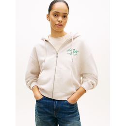 Kapuzensweatjacke Tommy Hilfiger "MDRN SCRIPT ZIP TERRY HOODIE", Damen, Gr. S (36/38), heather oatmilk, Sweatware, Obermaterial: 100% Baumwolle, meliert, relaxed fit normal, ohne Ausschnitt, Rippb&uuml;ndchen, Sweatjacken, mit Print auf der Brust, Relaxed Fit