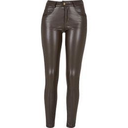 Stoffhose Urban Classics "Urban Classics Damen Ladies Mid Waist Synthetic Leather Pants", Damen, Gr. 27, Normalgr&ouml;&szlig;en, braun, 97% Polyester, 3% Elasthan, unifarben, slim fit, Hosen Stoffhose