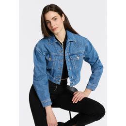 Jeansjacke HUGO BLUE "Galatea", Damen, Gr. L, turquoise, aqua 447, Denim/Jeans, Obermaterial: 60% Baumwolle, 20% Polyester, 20% Viskose, unifarben, taillenbedeckt, 1-Knopf-Manschette mit Schlitz, Jacken Jeansjacke, in Cropped-L&auml;nge