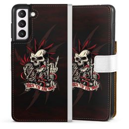 DeinDesign Galaxy S21 5G Handy Klapph&uuml;lle Handyh&uuml;lle aus Kunst Leder wei&szlig; Flip Case Rock Totenkopf Music Sideflip mit Lasche
