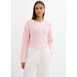 bonprix Ajour-Strickbolero, rosa, Gr.44/46 (L), H&uuml;ftlange H&auml;keljacke mit Knopfleiste vorne, 50% Baumwolle