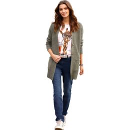 Damen Longstrickjacke mit Kn&ouml;pfen in Horn-Optik khaki, Gr&ouml;&szlig;e 42