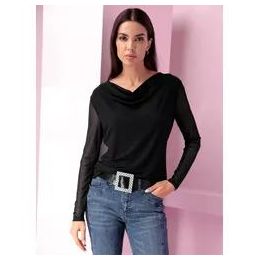 Langarmshirt Heine "Shirt", Damen, Gr. 40, schwarz, 95% Viskose, 5% Elasthan, Netzware:4% Elasthan, 96% Polyester, unifarben, Wasserfallausschnitt, Shirts Langarmshirt