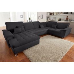 Wohnlandschaft DOMO collection "FRANZI mit Kopfteilverstellung, U-Form mit viel Platz, bequem", grau (graphite), B:352cm H:80cm T:214cm, Flachgewebe (100% Polyester);Chenille (100% Polyester), Sofas, Wohnlandschaft, XXL-Sofa, U-Form, belastbar bis 140kg/Sitz, graphite, Breite: 352cm