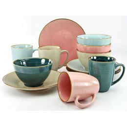 Fr&uuml;hst&uuml;cks-Geschirrset Creatable "Service, Cosy Morning (Teller, Schale, Kaffeebecher)", bunt (taupe, rosa, hellblau, petrol), 12 Stk., Steinzeug, Geschirr-Sets, Kreisstruktur, in Pastell-Farben, 12 Teile, f&uuml;r 4 Personen