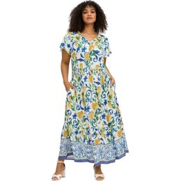 sheego by Joe Browns Damen Maxikleid mit breitem Smokbund wei&szlig;-sonnengelb-gemustert Gr&ouml;&szlig;e 54