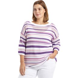 sheego Damen 3/4 Arm-Pullover im Ajour-Strick orchidee-wei&szlig;-geringelt Gr&ouml;&szlig;e 56/58