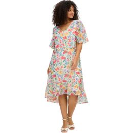 sheego Damen Chiffonkleid mit Volant am Saum ecru-lila-gemustert Gr&ouml;&szlig;e 56