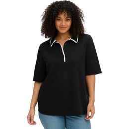 sheego Damen Poloshirt mit kontrastfarbener Wellensaumkante schwarz-ecru Gr&ouml;&szlig;e 56/58